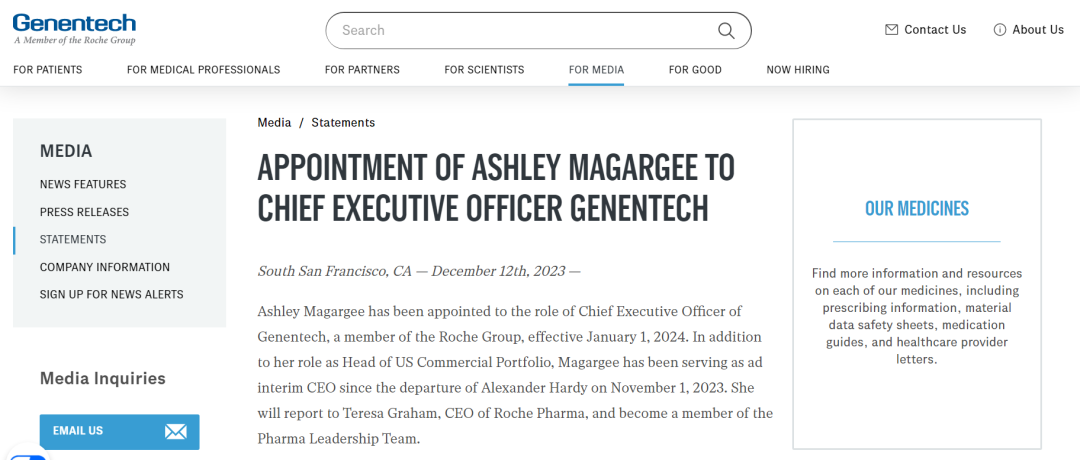 19年老将！Ashley Magargee任职基因泰克首席执行官医药新闻-ByDrug-一站式医药资源共享中心-医药魔方