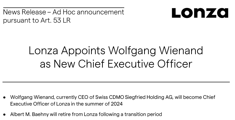 CDMO巨头Lonza委任新CEO医药新闻-ByDrug-一站式医药资源共享中心-医药魔方