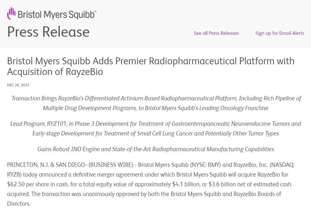 41亿美元！BMS收购放射性药物公司RayzeBio医药新闻-ByDrug-一站式医药资源共享中心-医药魔方