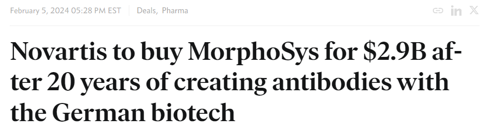 29亿美元！诺华收购Morphosys（附23年20亿美元以上并购交易）医药新闻-ByDrug-一站式医药资源共享中心-医药魔方