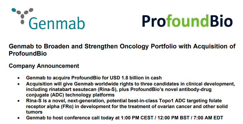 Genmab宣布18亿美元全现金收购普方生物|附PPT医药新闻-ByDrug-一站式医药资源共享中心-医药魔方