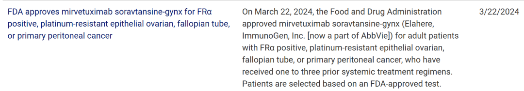 FDA资讯｜FDA批准首款FRα ADC药物Elahere用于治疗FRα阳性、铂耐药上皮卵巢、输卵管或原发性腹膜癌成人患者医药新闻-ByDrug-一站式医药资源共享中心-医药魔方