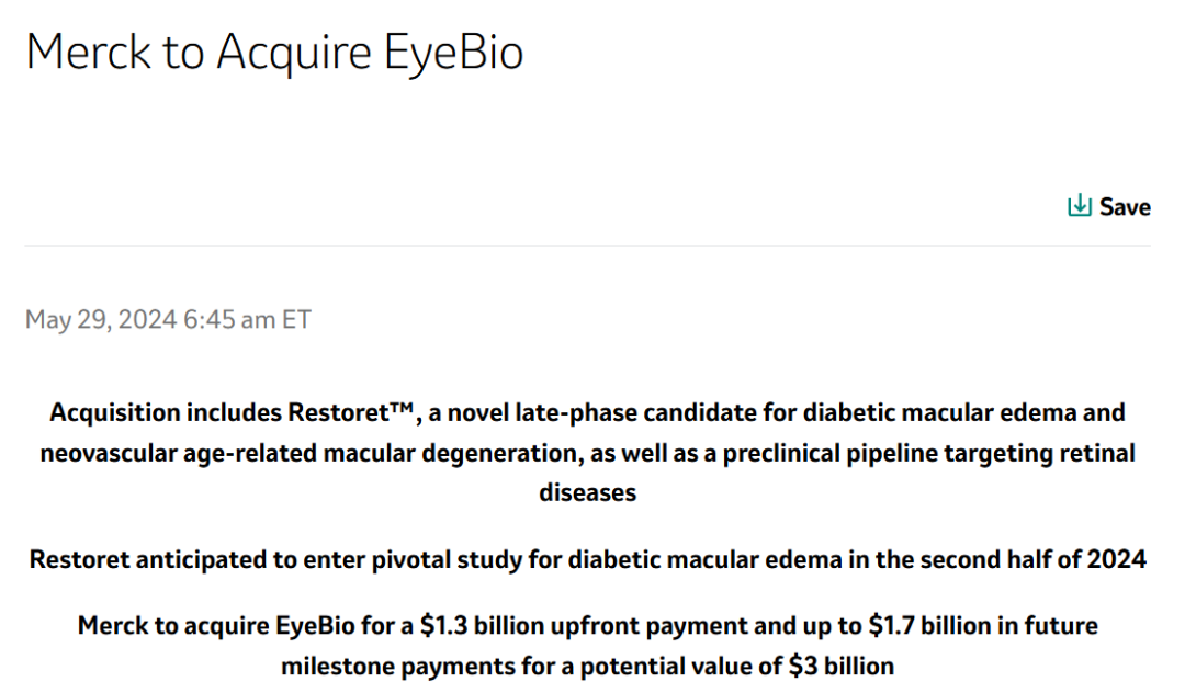 30亿美元！默沙东收购EyeBio，获得一款眼科三特异性抗体医药新闻-ByDrug-一站式医药资源共享中心-医药魔方