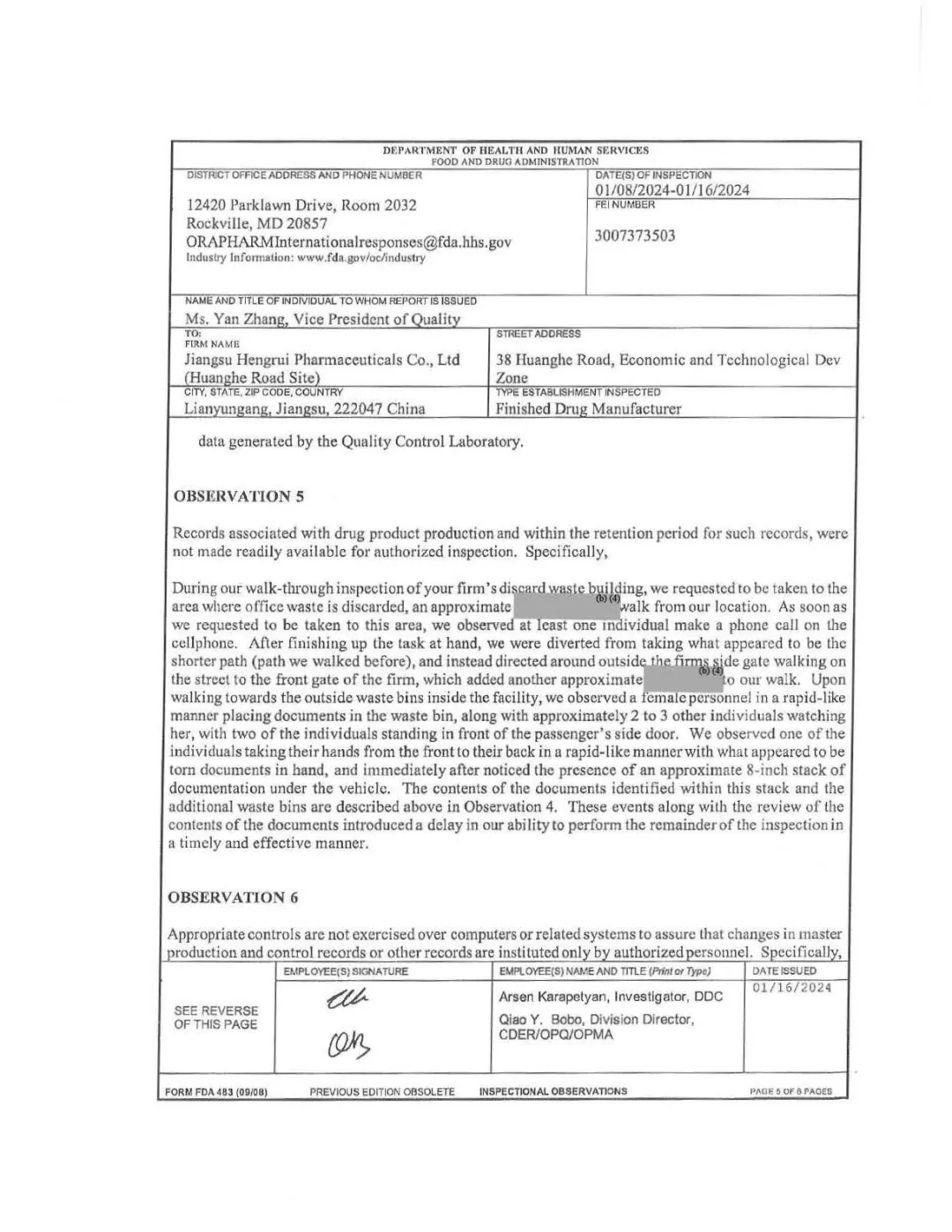 FDA发布483表格，披露恒瑞生产问题！！！医药新闻-ByDrug-一站式医药资源共享中心-医药魔方