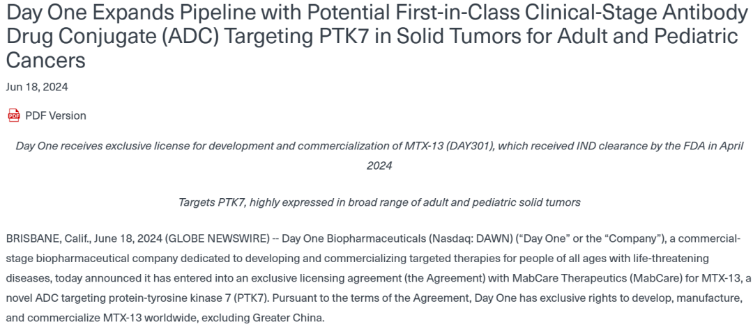 12亿美元！Day One引进麦科思生物PTK7靶向ADC医药新闻-ByDrug-一站式医药资源共享中心-医药魔方
