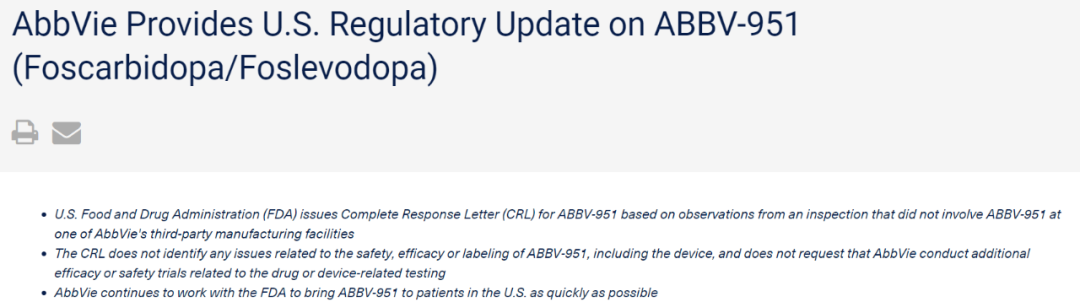 艾伯维帕金森新药再次收到FDA发出的CRL医药新闻-ByDrug-一站式医药资源共享中心-医药魔方