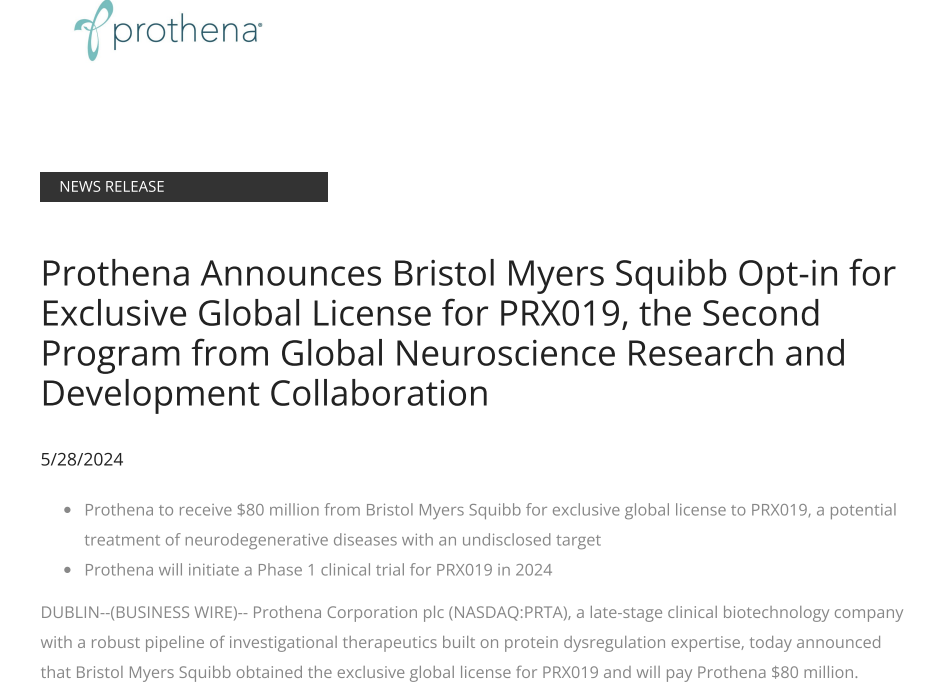 BMS再次牵手Prothena，引进第2款神经退行性疾病药物医药新闻-ByDrug-一站式医药资源共享中心-医药魔方