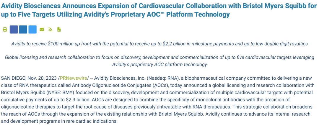 23亿美元：BMS引进Avidity抗体偶联寡核苷酸技术医药新闻-ByDrug-一站式医药资源共享中心-医药魔方