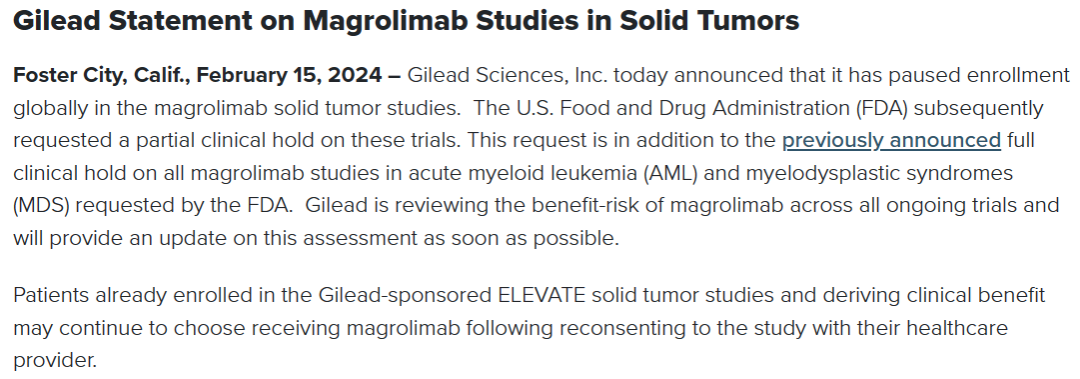 吉利德CD47抗体实体瘤临床试验遭FDA暂停医药新闻-ByDrug-一站式医药资源共享中心-医药魔方