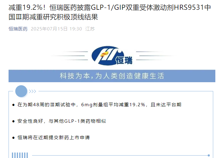 减重19.2%！恒瑞医药GLP-1/GIP双重受体激动剂III期减重研究取得积极结果医药新闻-ByDrug-一站式医药资源共享中心-医药魔方