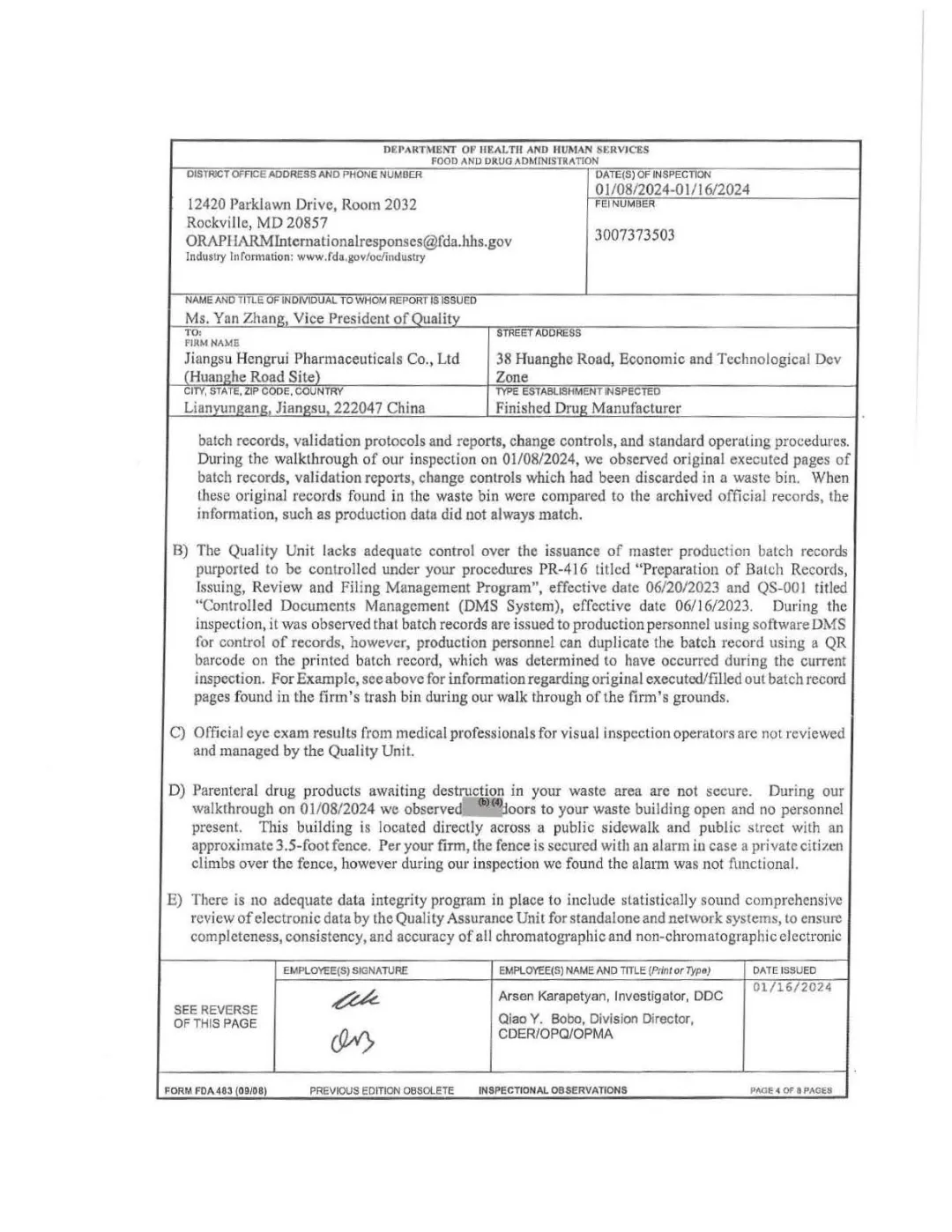 FDA发布483表格，披露恒瑞生产问题！！！医药新闻-ByDrug-一站式医药资源共享中心-医药魔方