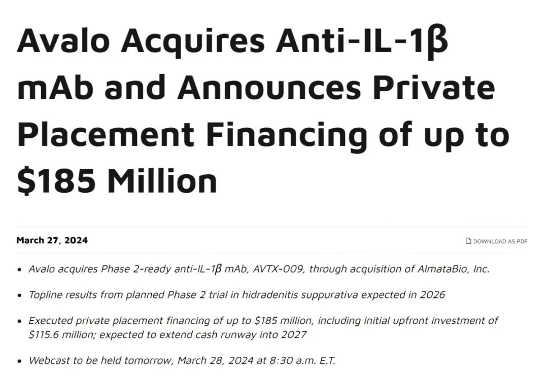 Avalo收购抗IL-1β单克隆抗体，宣布最高达1.85亿美元的私募融资医药新闻-ByDrug-一站式医药资源共享中心-医药魔方
