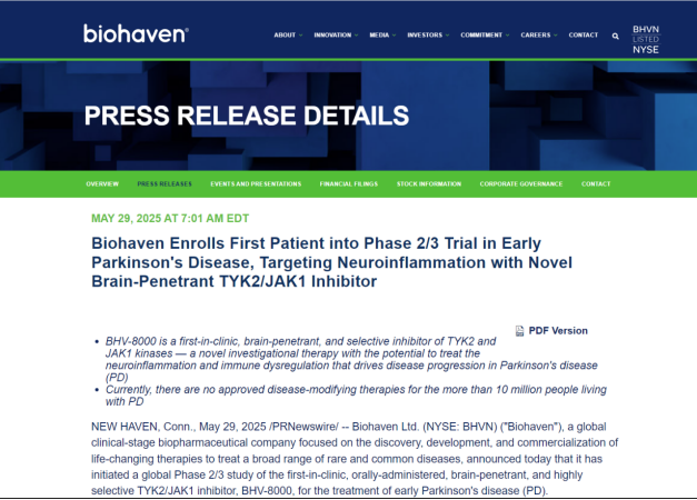 高光制药合作伙伴Biohaven宣布其BHV-8000(TLL-041)针对早期帕金森病的Ⅱ/Ⅲ期研究完成首例患者入组医药新闻-ByDrug-一站式医药资源共享中心-医药魔方
