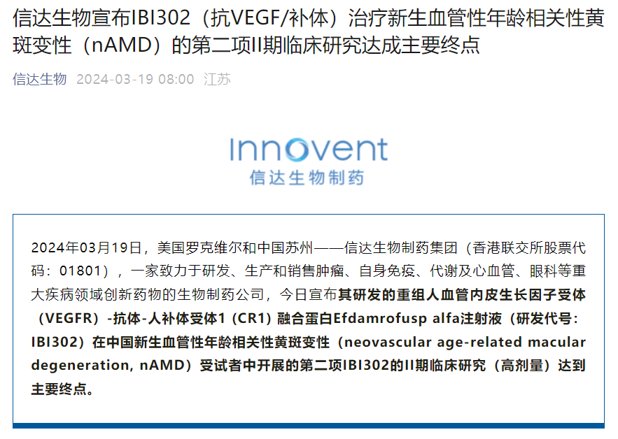 信达生物CR1/VEGFR融合蛋白II期研究达主要终点医药新闻-ByDrug-一站式医药资源共享中心-医药魔方