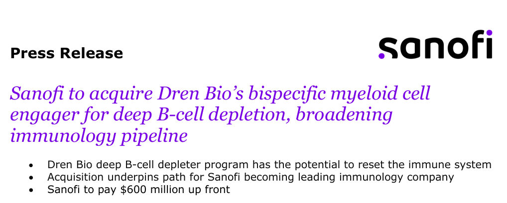 19亿美元！赛诺菲收购一款Dren Bio开发的MCE双抗医药新闻-ByDrug-一站式医药资源共享中心-医药魔方