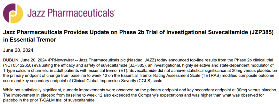 Jazz制药治疗原发性震颤的新药IIb期研究失败医药新闻-ByDrug-一站式医药资源共享中心-医药魔方