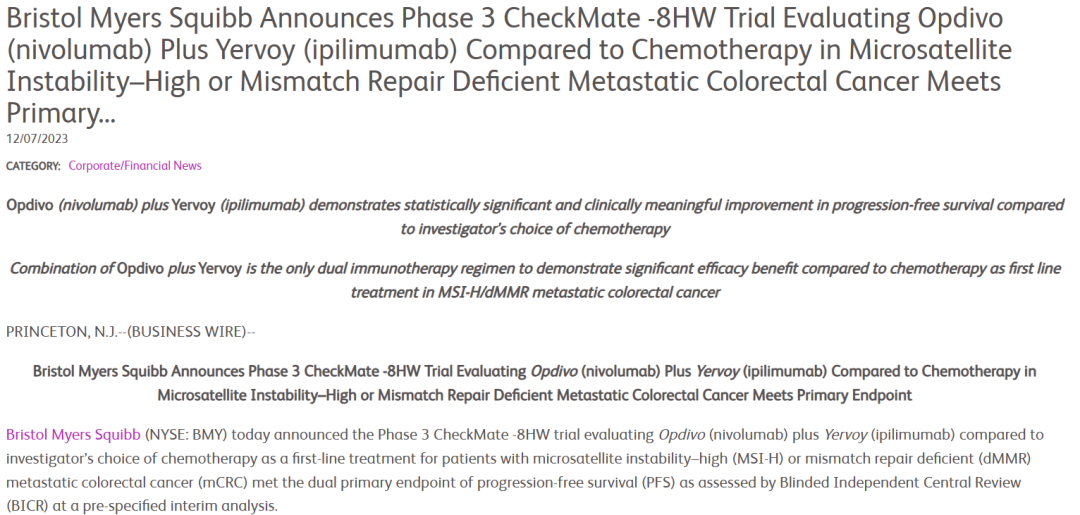Opdivo+Yervoy组合一线治疗MSI-H/dMMR转移性结直肠癌III期研究达PFS主要终点医药新闻-ByDrug-一站式医药资源共享中心-医药魔方