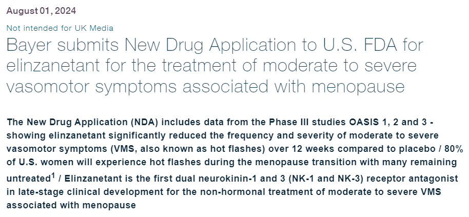 治疗更年期潮热，拜耳向FDA递交elinzanetant上市申请医药新闻-ByDrug-一站式医药资源共享中心-医药魔方