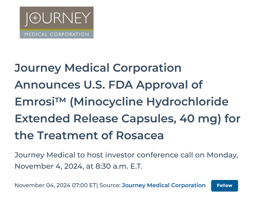 Journey Medical红斑痤疮药物Emrosi获FDA批准上市医药新闻-ByDrug-一站式医药资源共享中心-医药魔方