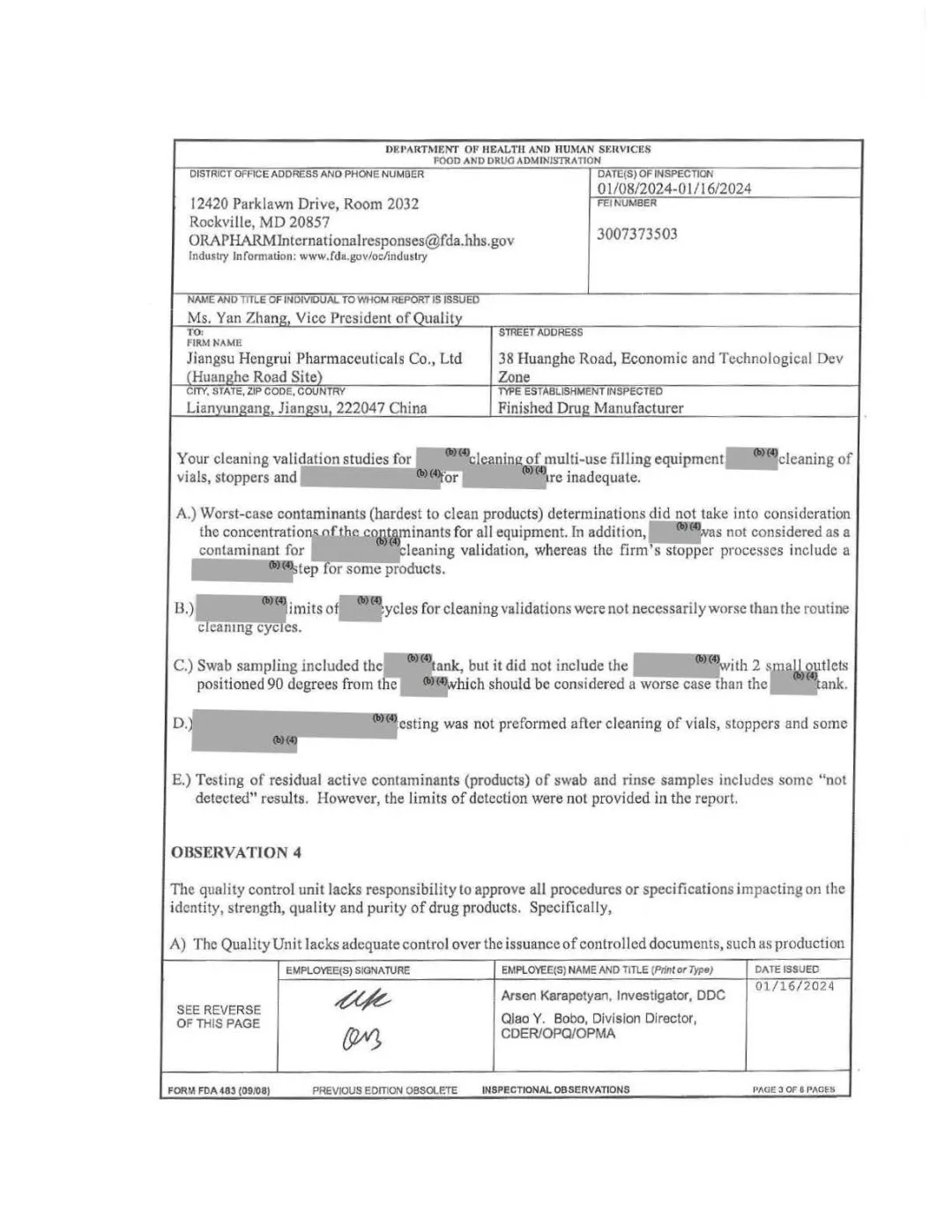 FDA发布483表格，披露恒瑞生产问题！！！医药新闻-ByDrug-一站式医药资源共享中心-医药魔方