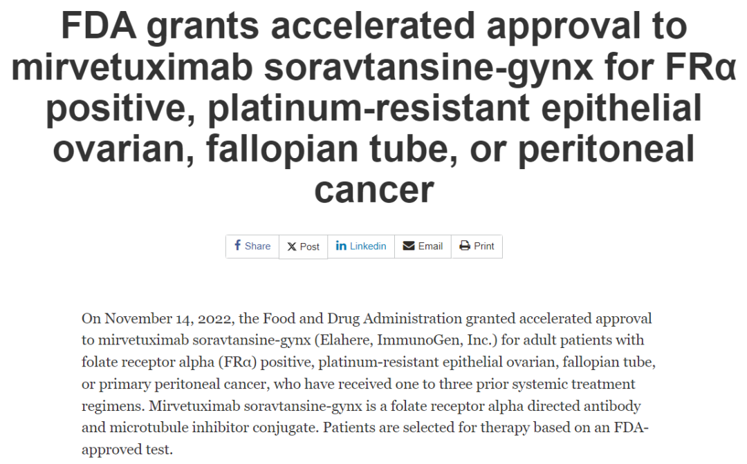 【资讯】FDA完全批准Elahere用于FRα阳性铂耐药上皮性卵巢癌/输卵管癌/原发性腹膜癌医药新闻-ByDrug-一站式医药资源共享中心-医药魔方