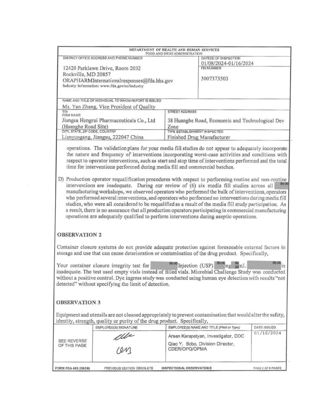 FDA发布483表格，披露恒瑞生产问题！！！医药新闻-ByDrug-一站式医药资源共享中心-医药魔方
