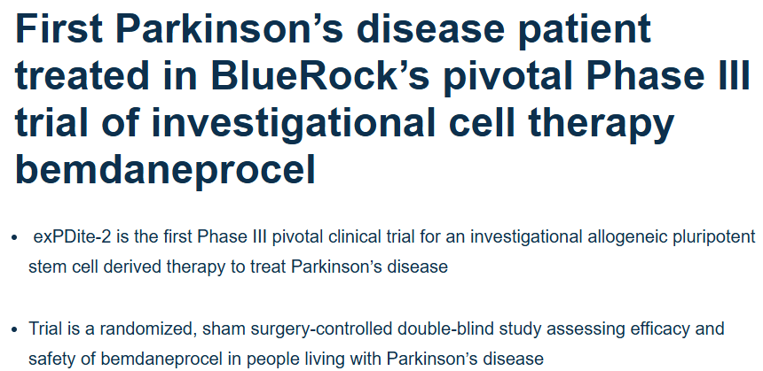 【行业新突破】全球首个帕金森病干细胞疗法进入III期临床，拜耳旗下BlueRock公司完成首例患者给药医药新闻-ByDrug-一站式医药资源 ...