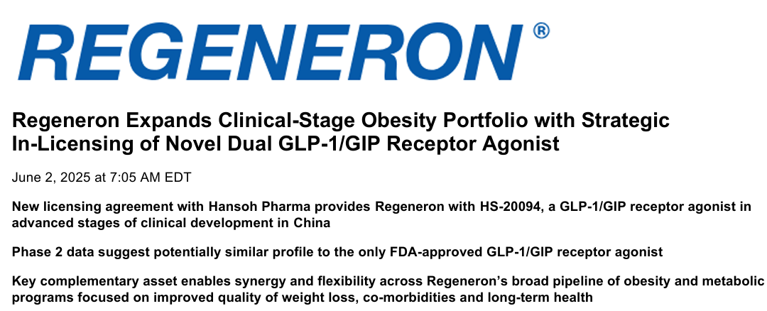 20.1亿美元！再生元引进翰森制药GLP-1/GIP激动剂HS-20094医药新闻-ByDrug-一站式医药资源共享中心-医药魔方