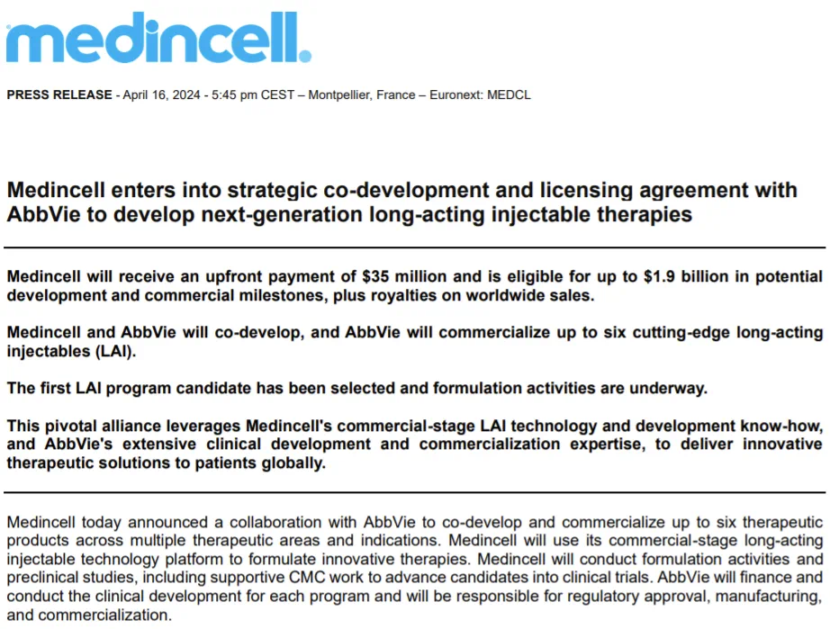19亿美元！艾伯维签下Medincell，重押新一代长效注射疗法医药新闻-ByDrug-一站式医药资源共享中心-医药魔方
