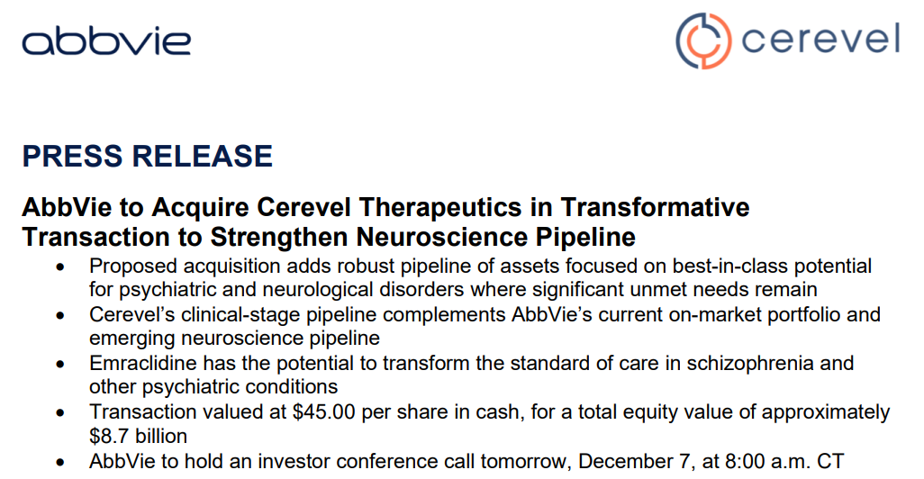 刚刚！艾伯维87亿美元收购Cerevel Therapeutics医药新闻-ByDrug-一站式医药资源共享中心-医药魔方