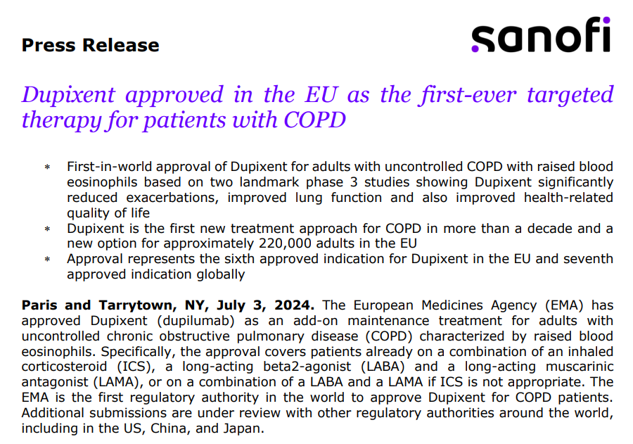 全球首批！度普利尤单抗COPD适应症在欧盟获批医药新闻-ByDrug-一站式医药资源共享中心-医药魔方