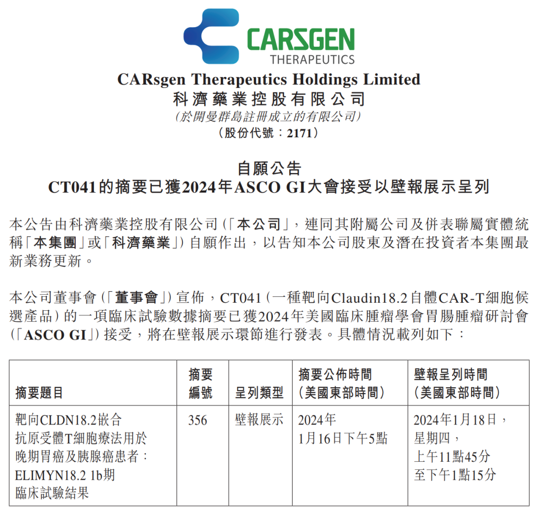 科济药业：CAR-T产品CT041研究成果即将亮相2024 ASCO GI医药新闻-ByDrug-一站式医药资源共享中心-医药魔方