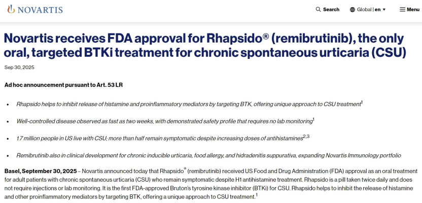新药前沿｜BTK抑制剂获FDA批准用于治疗慢性自发性荨麻疹医药新闻-ByDrug-一站式医药资源共享中心-医药魔方