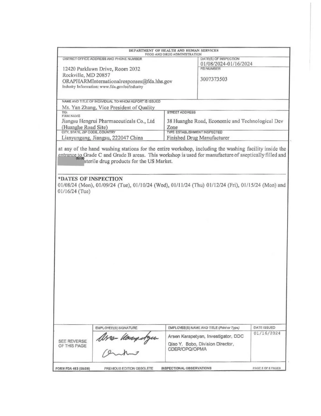 FDA发布483表格，披露恒瑞生产问题！！！医药新闻-ByDrug-一站式医药资源共享中心-医药魔方